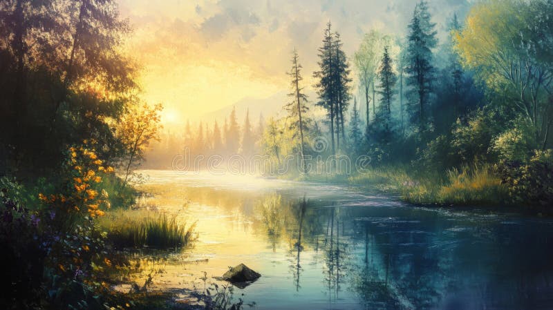 Peaceful Forest Lake at Sunrise with Golden Light Reflecting on the ...