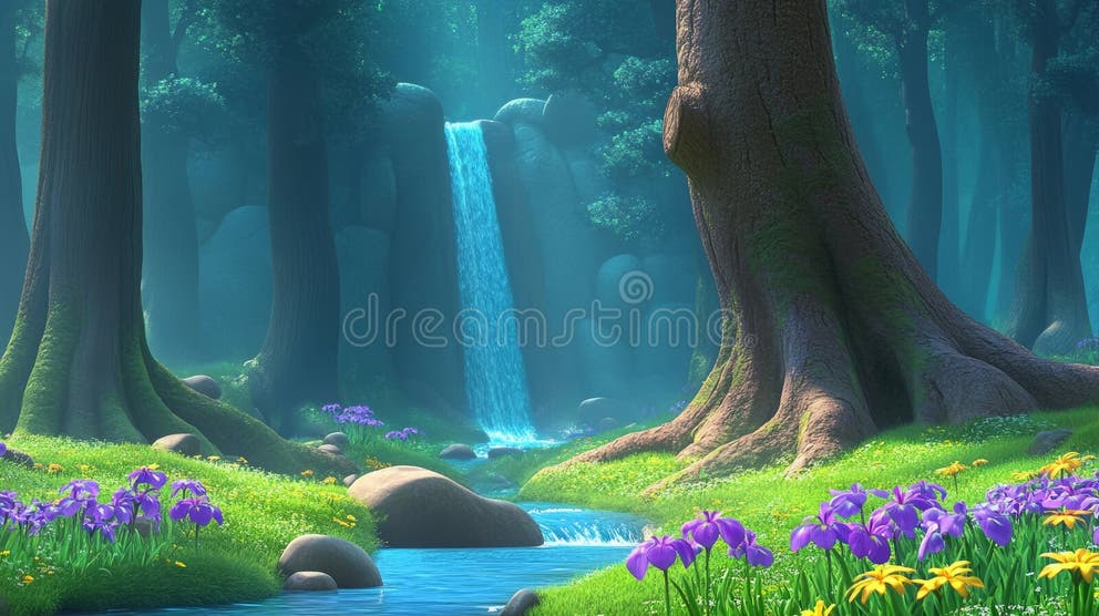 A Peaceful Forest Landscape Featuring a Sunny Stream and an Array of ...