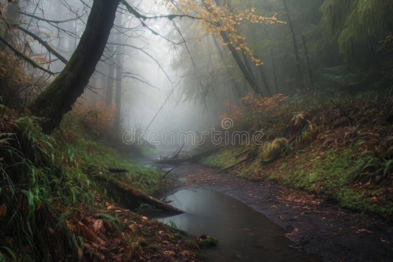 Peaceful Forest with Misty Morning Fog and Stream Visible Stock Image ...