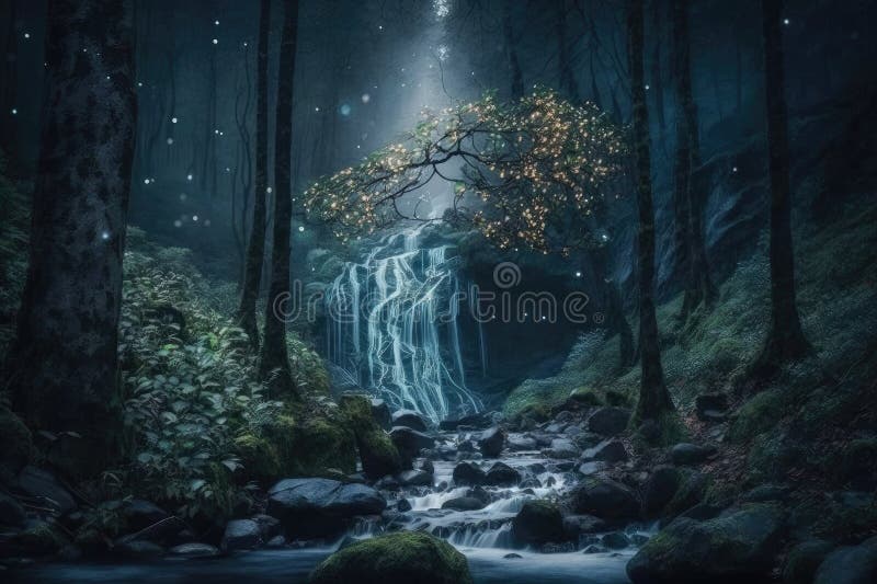 Peaceful Forest with Misty Waterfall and Fairy Light Stock Photo ...