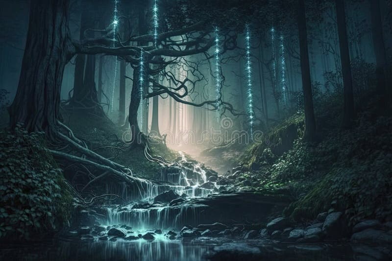 Peaceful Forest with Misty Waterfall and Fairy Light Stock Illustration ...