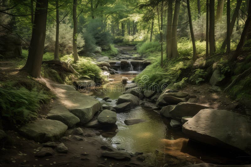 Peaceful Forest Oasis with Babbling Brook and Waterfall Stock ...