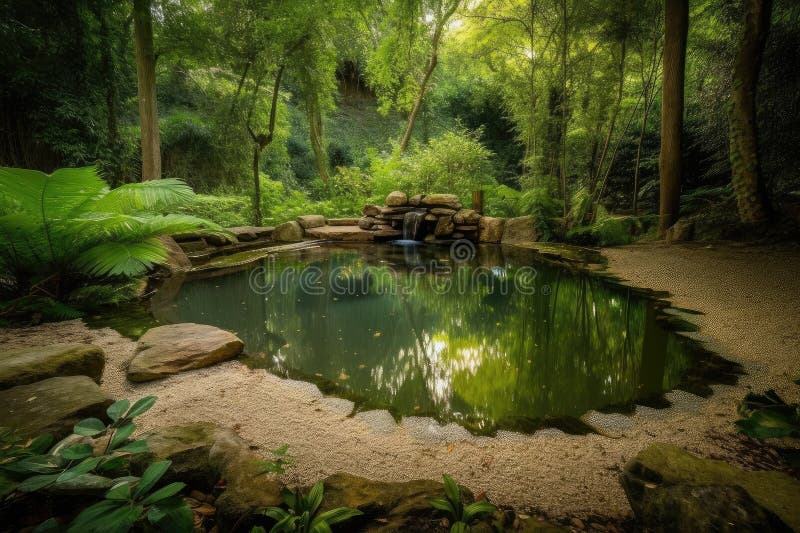 Peaceful Forest Oasis, with Gentle Waterfall and Reflection Pool Stock ...