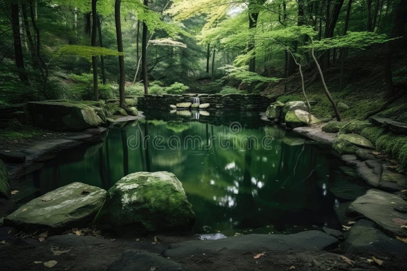 Peaceful Forest Oasis, with Gentle Waterfall and Reflection Pool Stock ...