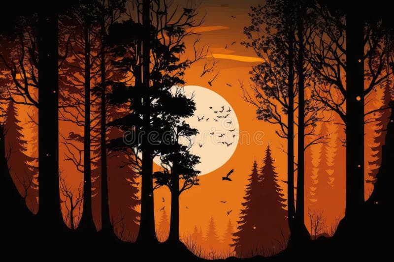 Peaceful Forest with Orange Sunset and Silhouetted Trees Stock Image ...