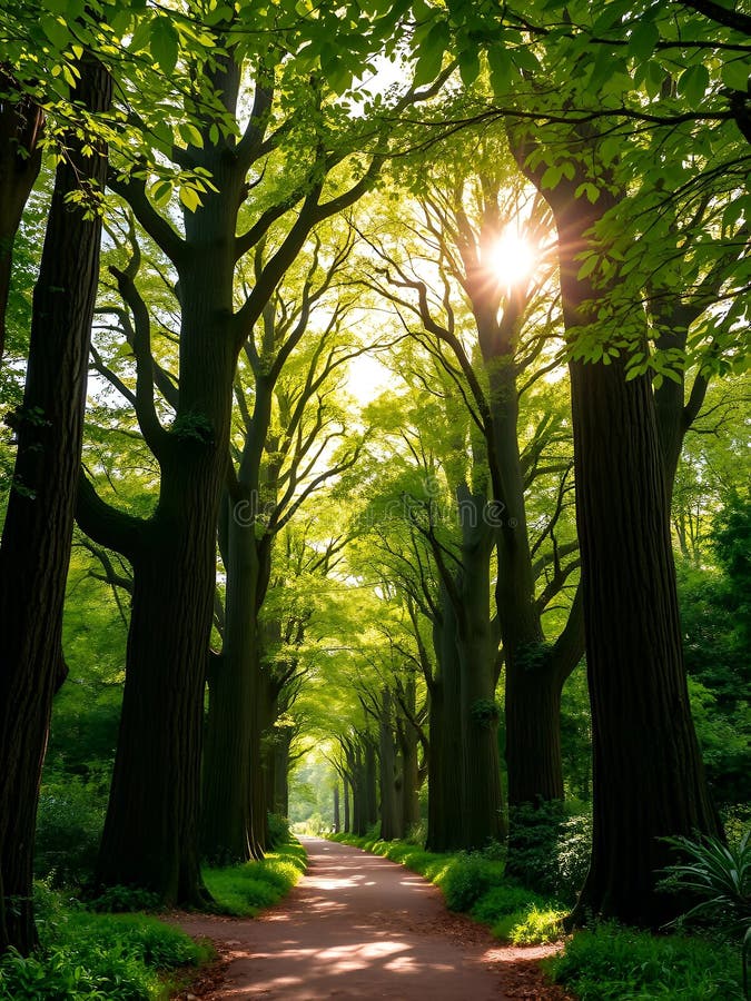 A Peaceful Forest Path Lined with Tall Trees. the Sunlight Filters ...
