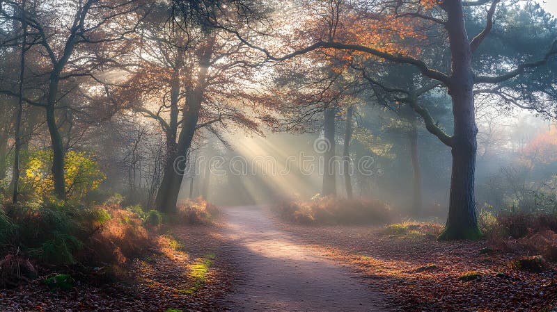 Peaceful Forest Path with Sun Rays Stock Illustration - Illustration of ...
