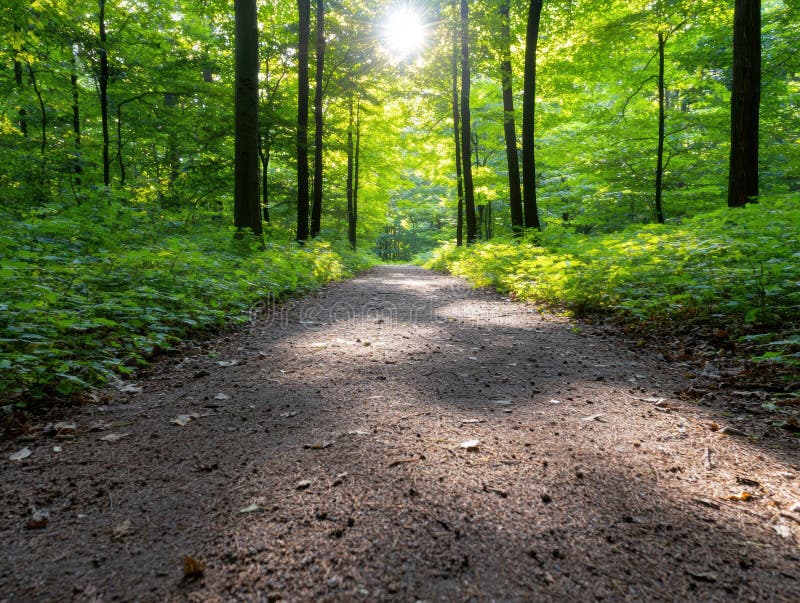 Peaceful Forest Path with Sunlight Shining through the Trees Stock ...