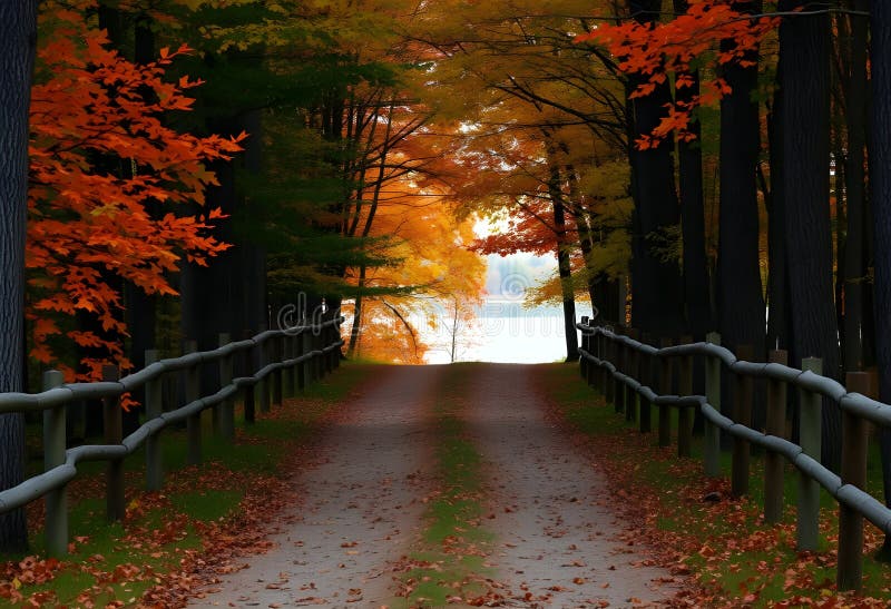 Peaceful Forest Path Tunnel with Fall Foliage Near a Tranquil Lake ...
