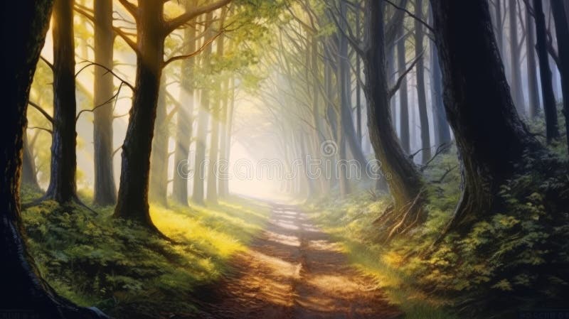 Peaceful Forest Pathway with Beam of Sunlight Filtering through the ...