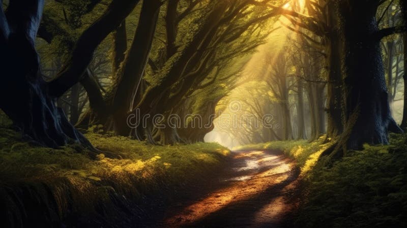 Peaceful Forest Pathway with Beam of Sunlight Filtering through the ...