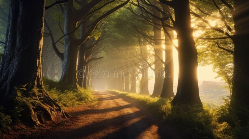 Peaceful Forest Pathway with Beam of Sunlight Filtering through the ...