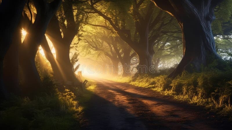 Peaceful Forest Pathway with Beam of Sunlight Filtering through the ...