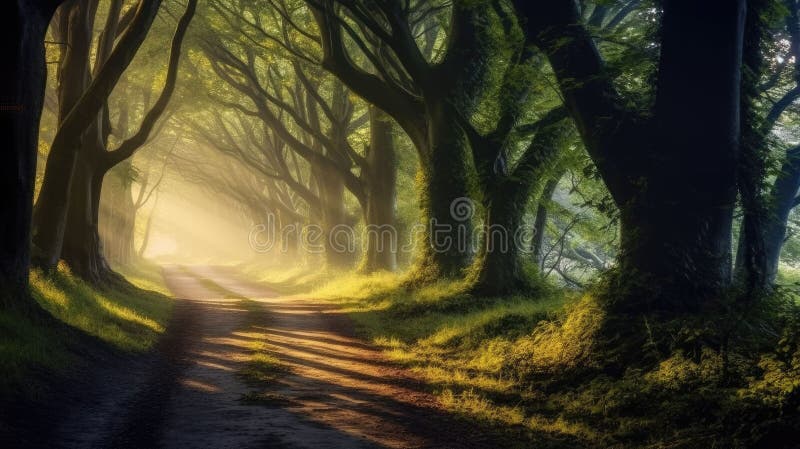 Peaceful Forest Pathway with Beam of Sunlight Filtering through the ...