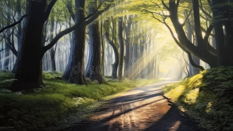 Peaceful Forest Pathway with Beam of Sunlight Filtering through the ...