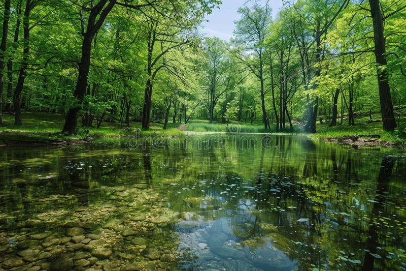 Peaceful Forest Pond with Clear Water and Green Trees, Springtime Scene ...