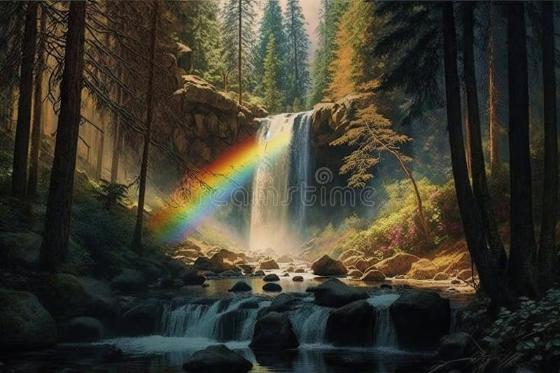 Peaceful Forest with a Rainbow and Waterfall, Where the Sun Shines ...