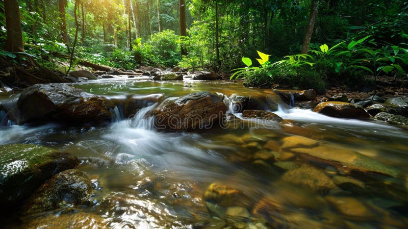 A Peaceful Forest Stream with Clear Water Flowing Over Smooth Stones ...