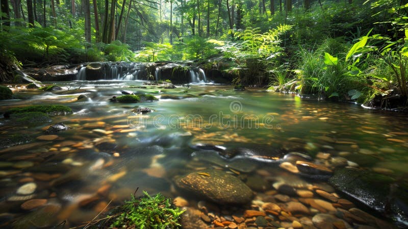 A Peaceful Forest Stream with Clear Water Flowing Over Smooth Stones ...