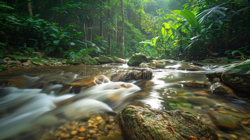 A Peaceful Forest Stream with Clear Water Flowing Over Smooth Stones ...