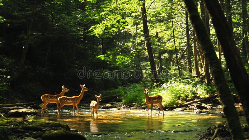 A Quiet Wooded Area, Home To a Clear Stream and a Watchful Deer Family ...