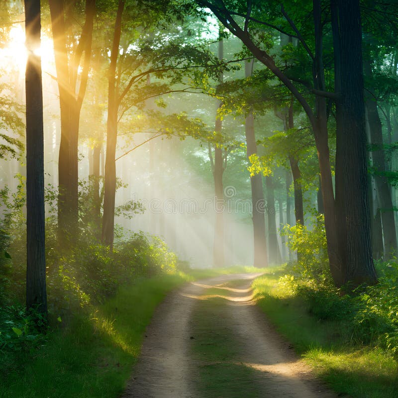Peaceful Forest with Sunlit Trees and Winding Path, Creating Tranquil ...