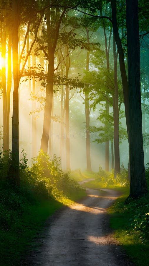 Peaceful Forest with Sunlit Trees and Winding Path, Creating Tranquil ...