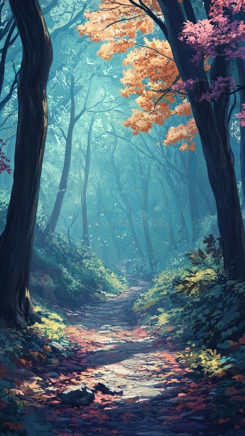 A Peaceful Forest Trail with Autumn Leaves on the Ground. Stock Image - Image of digital, yellow ...