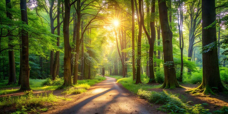 A Peaceful Forest Walk with a Winding Path through Tall Trees Dappled ...