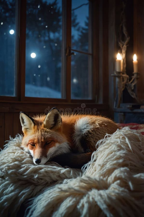 Cozy Red Fox Sleeping on a Fluffy Blanket by the Window at Night Stock ...
