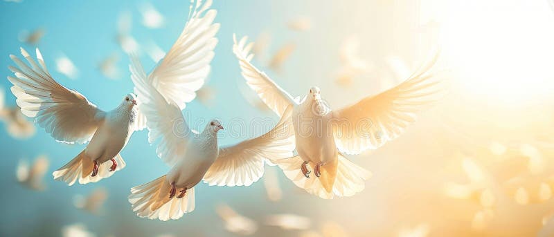 Peaceful and Free White Doves Soaring Against a Bright Sunlight ...