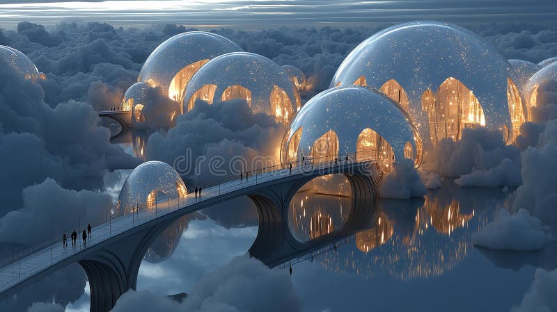 Floating Translucent City in Clouds Connected by Glowing Bridges ...