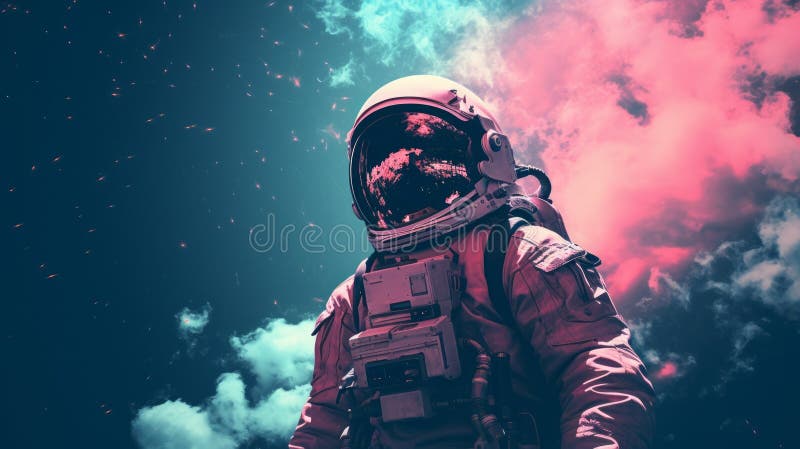 Peaceful Galaxy Astronaut Man in Space Suit Inside Softly Glowing Pink ...