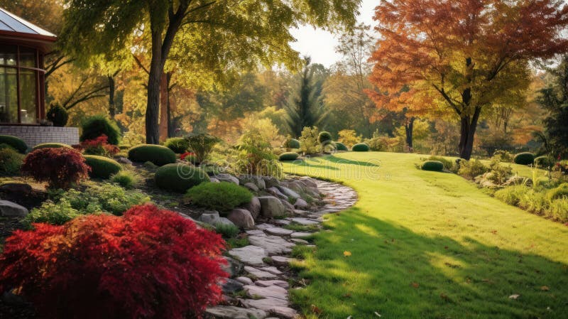 Peaceful Garden, an Example of Landscape Design with Lawn and Bushes of ...