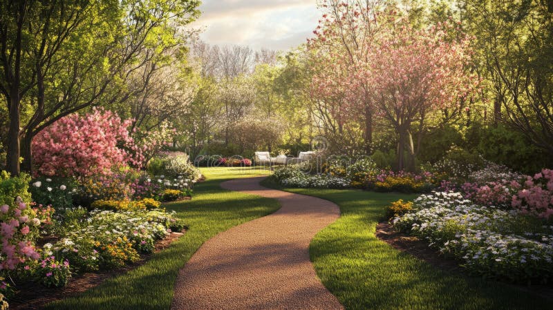Peaceful Garden Path with Blossoming Flowers and Sunlight Stock ...