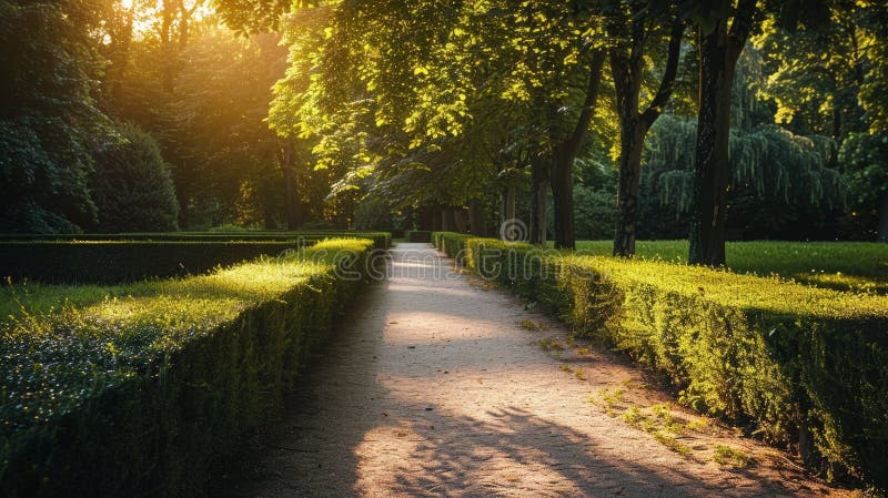Peaceful Garden Path in Golden Sunlight Stock Illustration ...