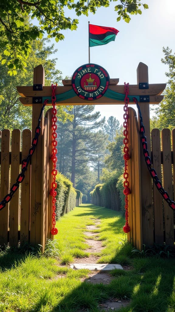 Peaceful Garden Pathway through Wooden Gate with Chains and Flag in ...