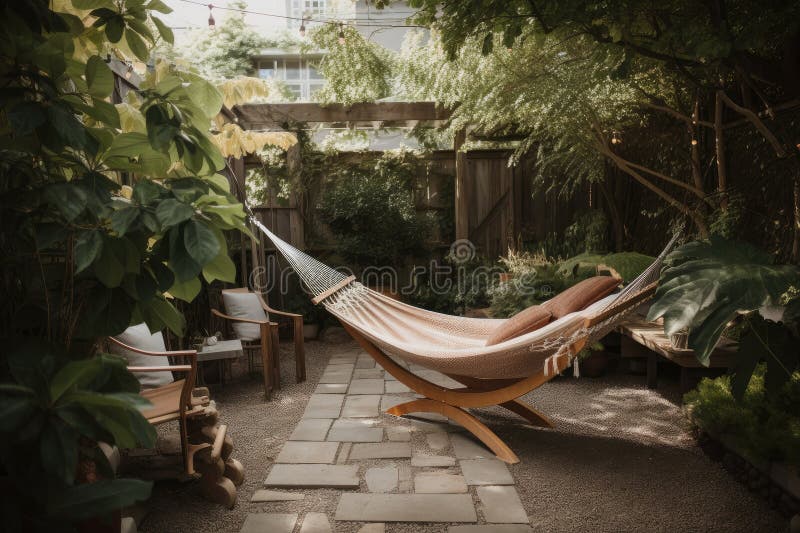 Peaceful Garden Retreat, Complete with Hammock and Tea Service Stock ...