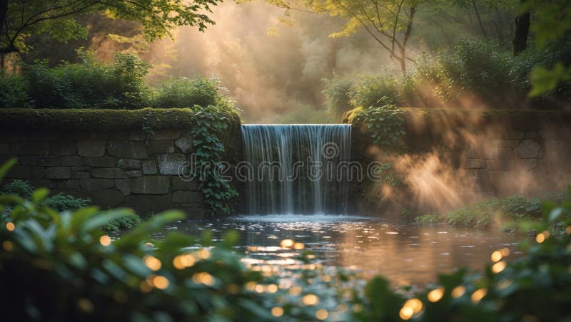 Peaceful Garden Scene with Waterfall and Sunlight and Lighting Effects ...