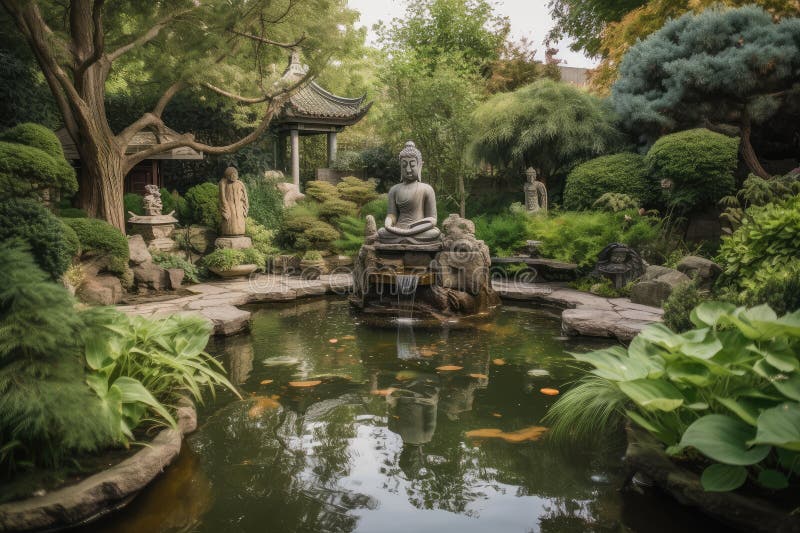 Peaceful Garden with Sculptures and Water Features Adding To the Serene ...