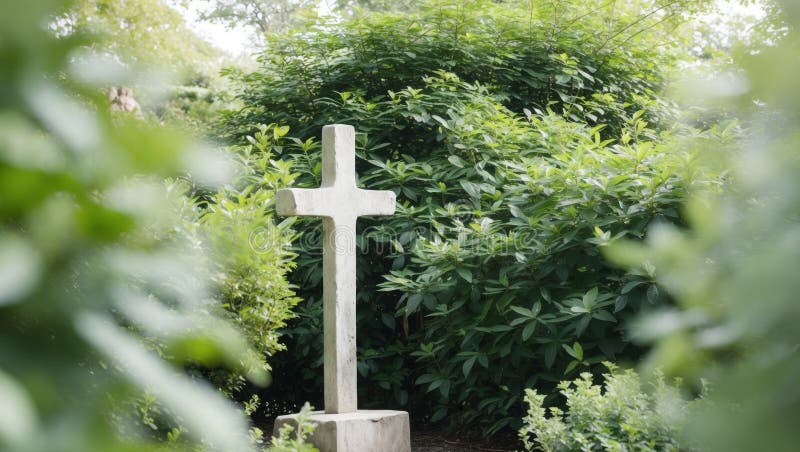 Peaceful Garden with Stone Cross and Greenery. Stock Photo - Image of ...
