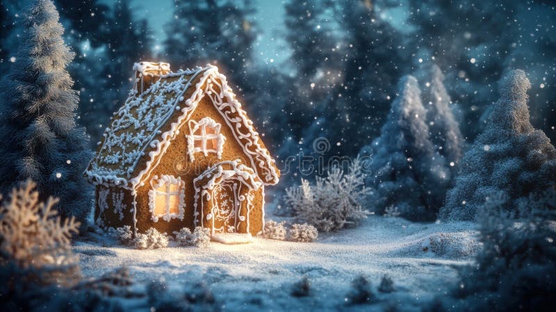 Peaceful Gingerbread House Surrounded by Snow-covered Trees, Set Under ...