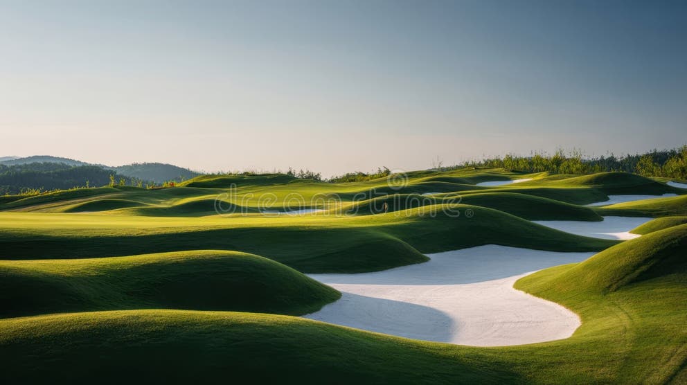 The Peaceful Golf Course Landscape with Rolling Hills and Sandy Bunkers ...
