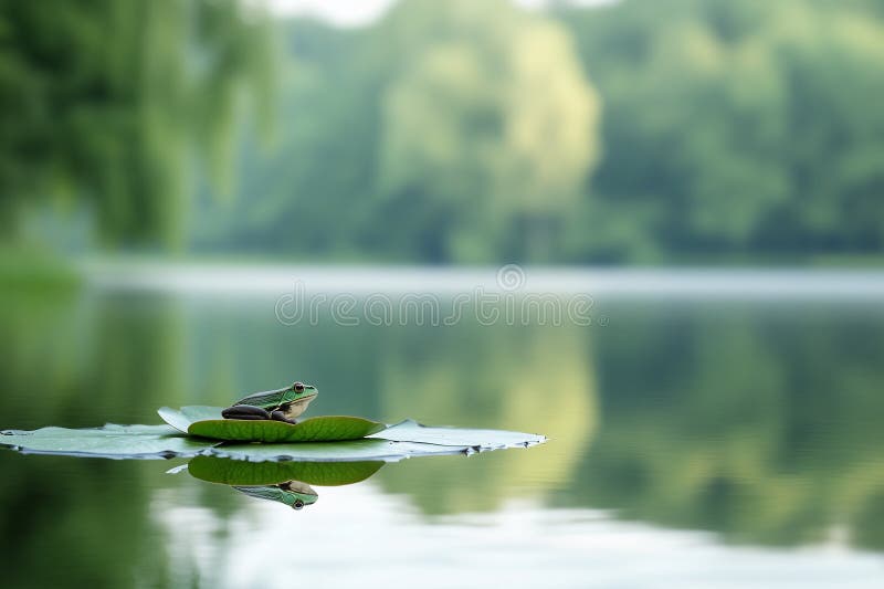 Peaceful Green Frog on Lily Pad, Tranquil Lake, Lush Forest Backdrop ...