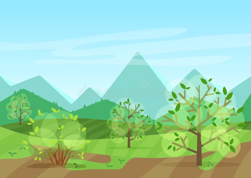 The Peaceful Green Landscape with Mountains and Plants Vector ...