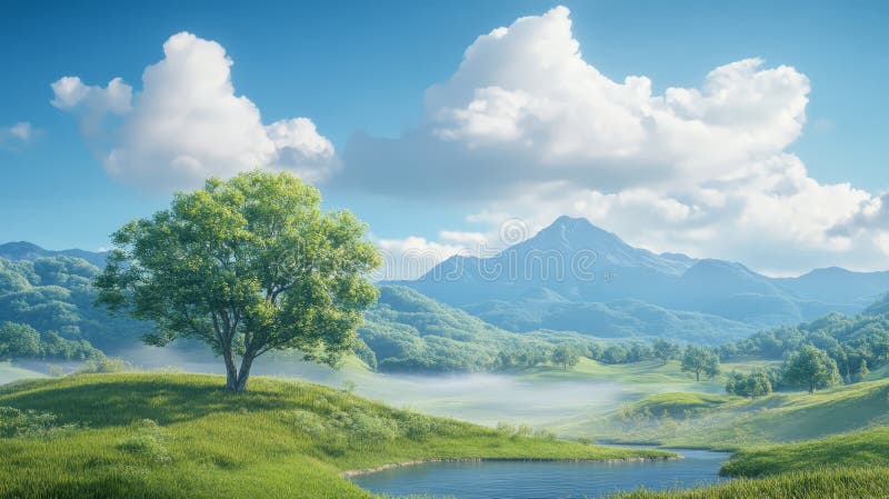 Peaceful Green Landscape with Tree and Mountains Stock Illustration ...