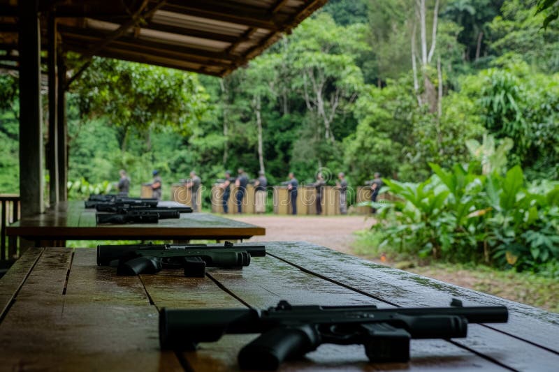 A Peaceful Gun Range Setting in the Woods. Pistols Rest on Tables while ...