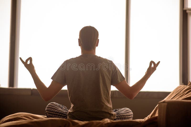 Calm Man Enjoying the Morning in Bedroom Stock Photo - Image of ...