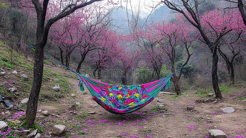 Peaceful Hammock Rest, Blossom Trees, Mountain Valley, Spring Stock ...