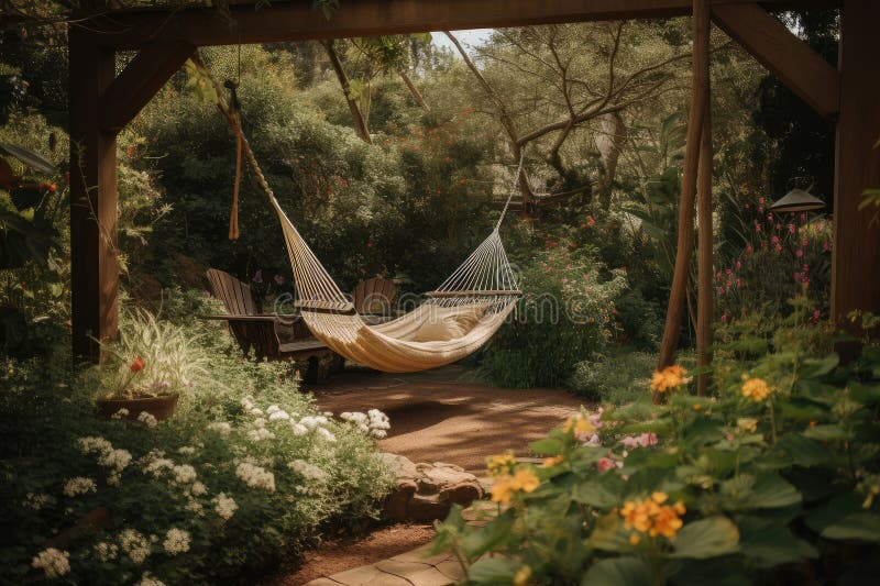 Peaceful Hammock Swing Surrounded by Flowering Plants and Trees Stock ...